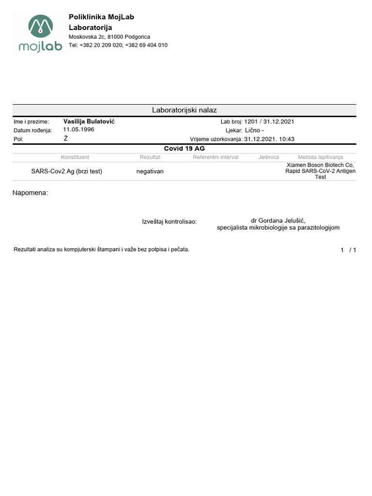 Poliklinika Mojlab Laboratorija: Laboratorijski Nalaz | PDF