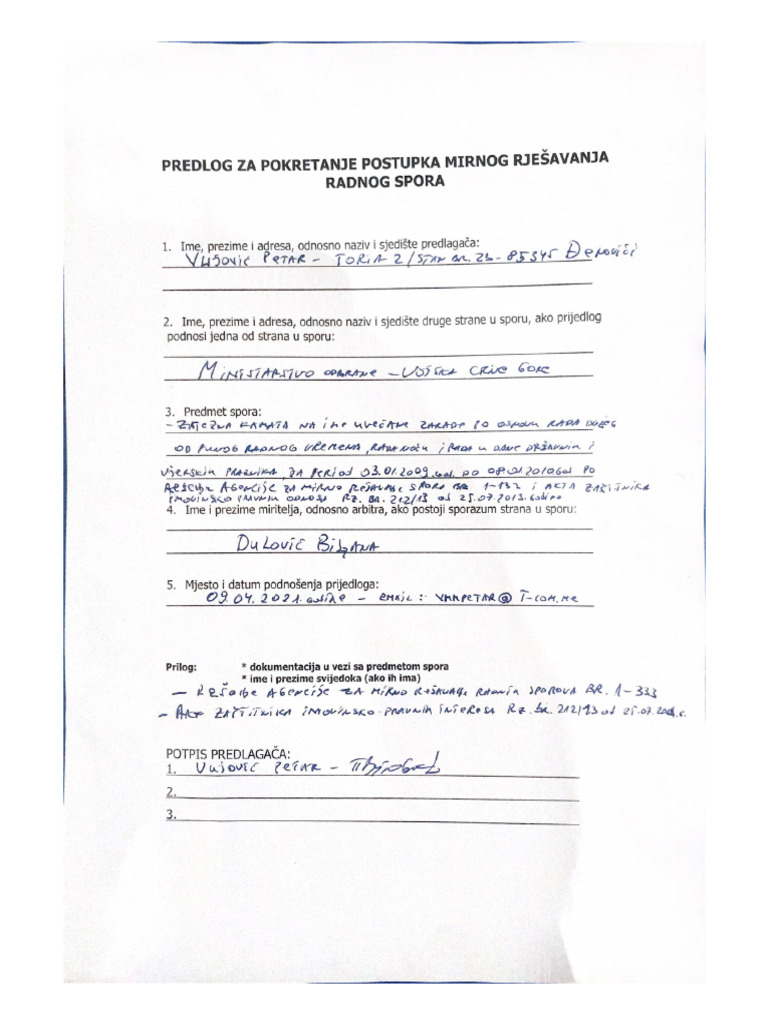 Predlog Za Pokretanje Postupka Mirnog | PDF