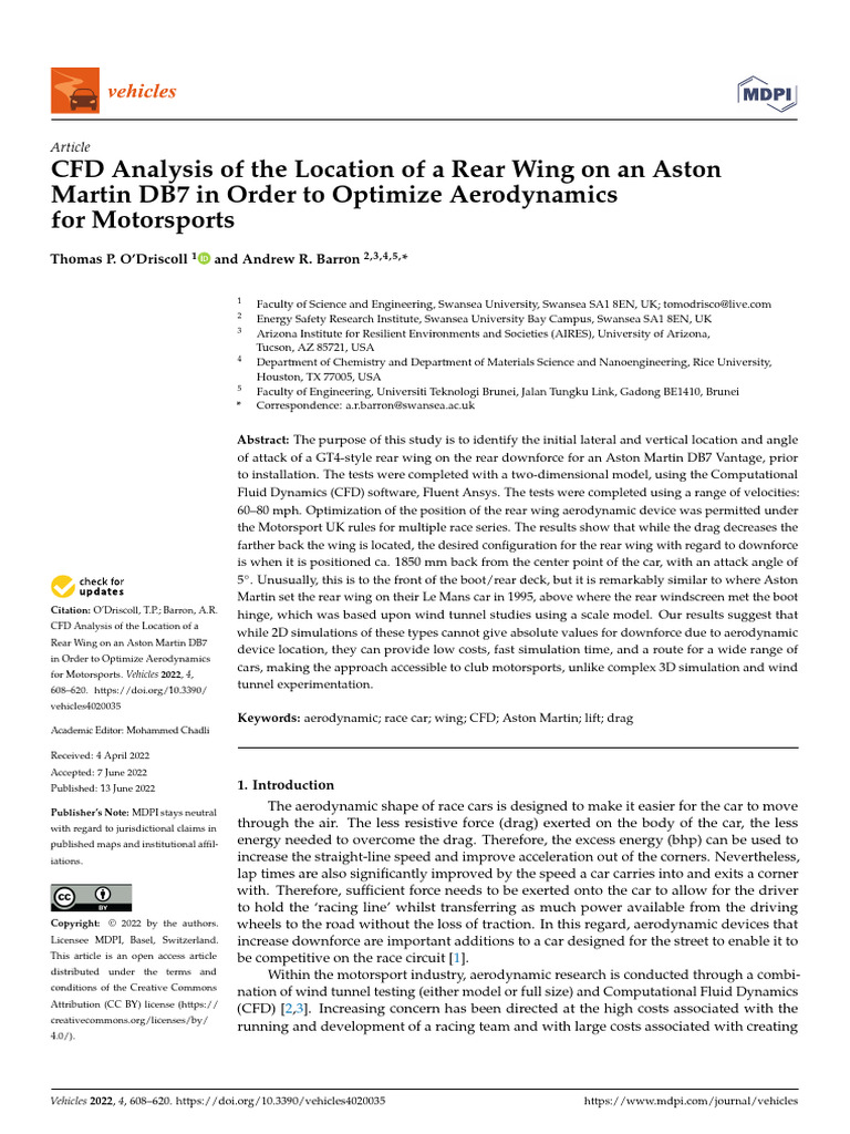 CFD Analysis of The Location of A Rear Wing On An | PDF | Computational Fluid Dynamics | Turbulence