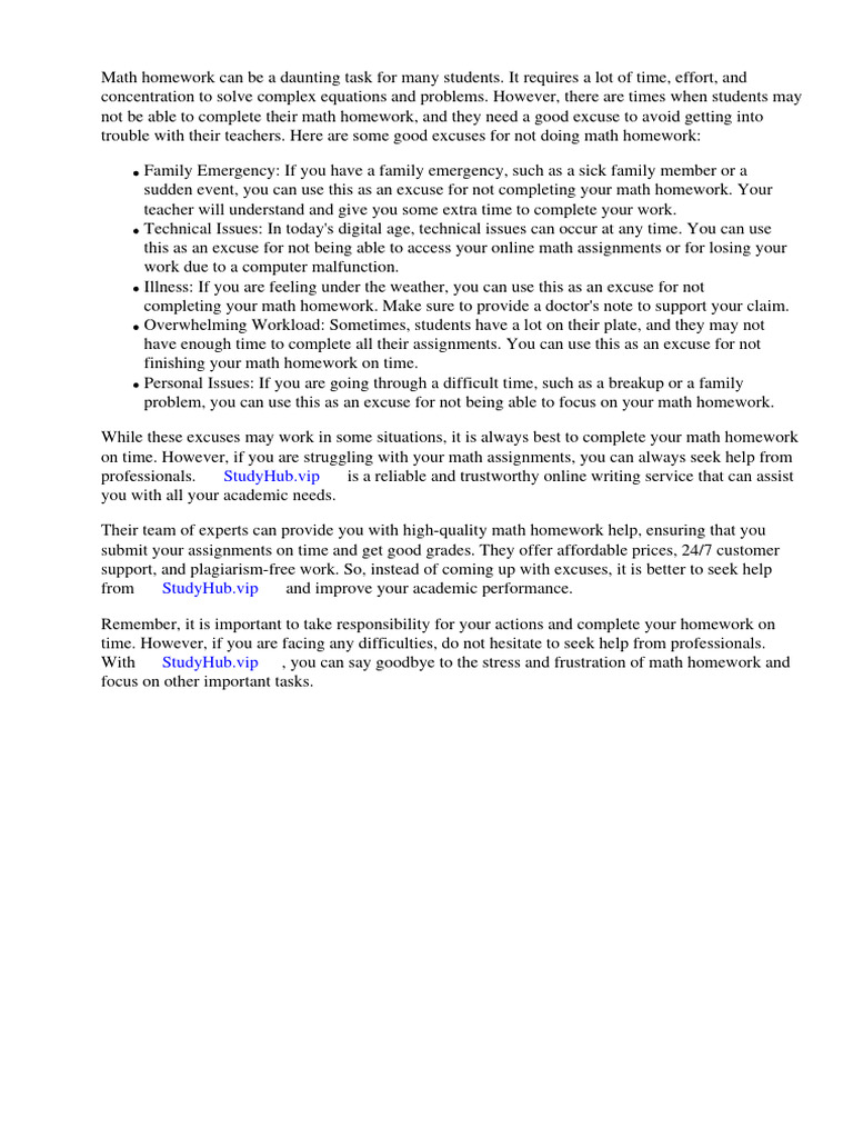 Good Excuses For Not Doing Math Homework | PDF | Homework | Essays