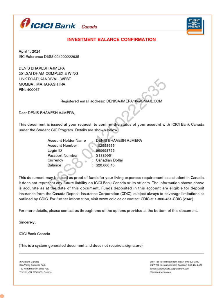 ICICI Bank Canada GIC Balance Confirmation | PDF | Private Sector ...