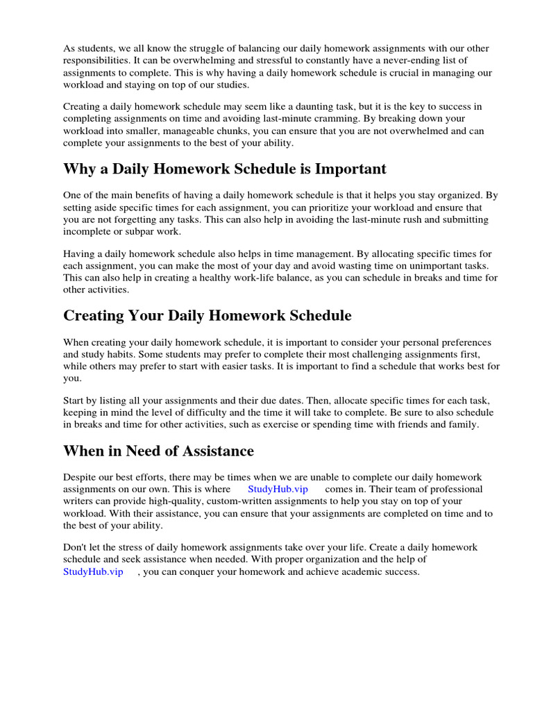 Daily Homework Schedule | PDF | Homework