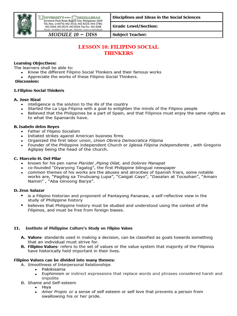 Lesson 10 Filipino Social Thinkers Module 10 Diss | PDF | Philippines | Social Psychology