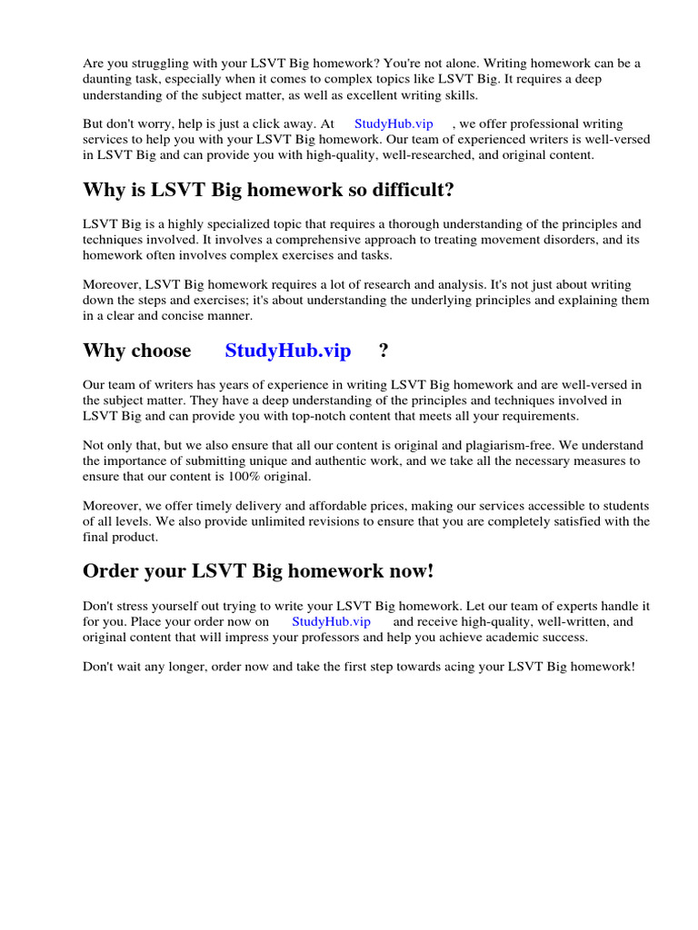 Lsvt Big Homework Helper | PDF | Parkinson's Disease | Physical Therapy