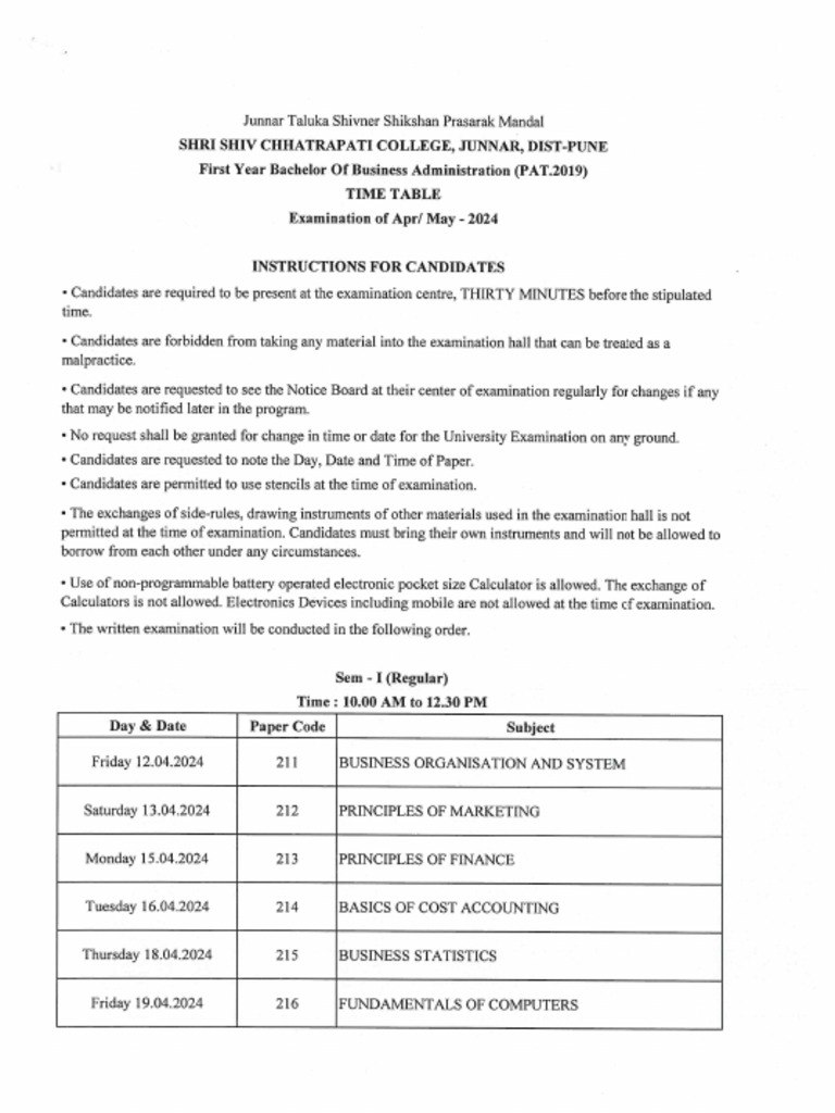 Fybba Apr 2024 Time Table 2023-24 | PDF