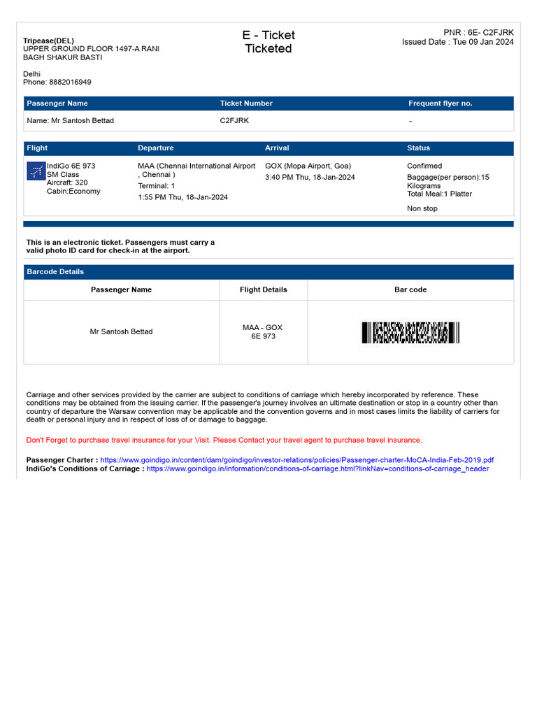 IndiGo Flight Ticket Confirmation | PDF | Aviation | Transport