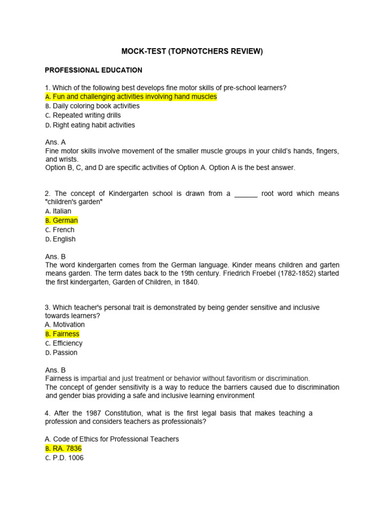Answer Sheet Mock Test | PDF | Learning | Classical Conditioning