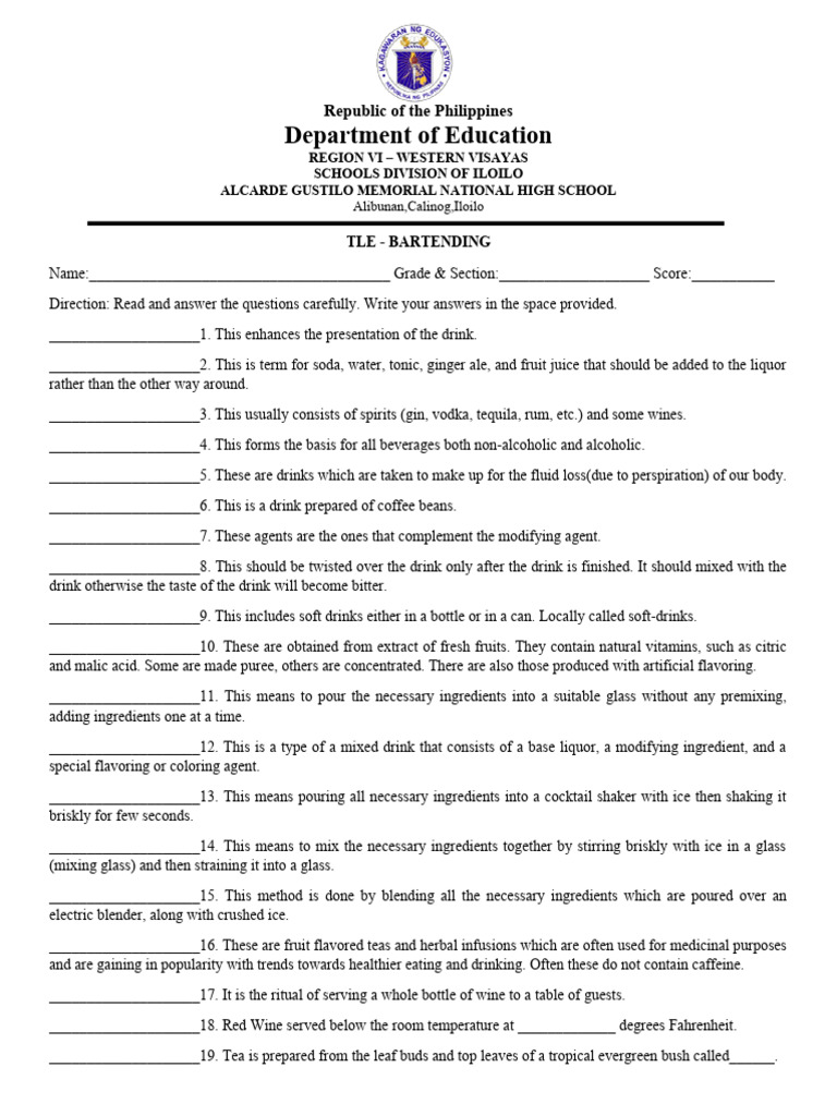 Tle 3rd Grading | PDF | Drink | Cocktails