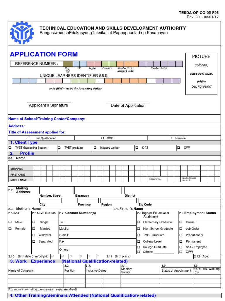 2017 TESDA OP CO 05 - Application Forms Converted 1 | PDF