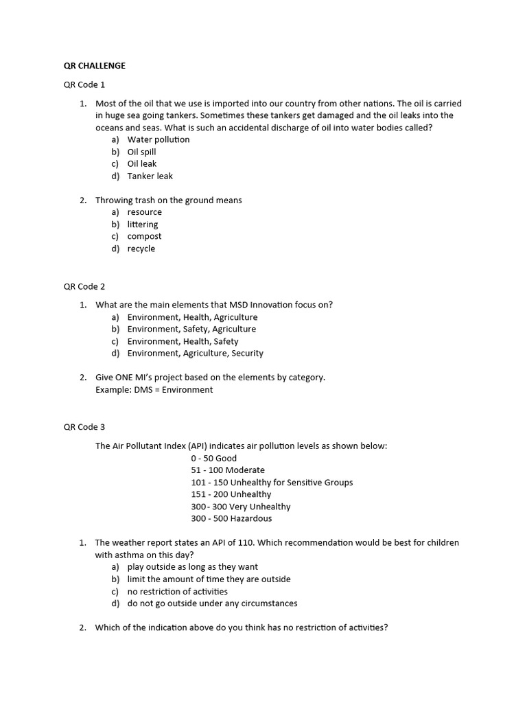 QR Challenge Task & Questions | PDF | Waste | Oil Spill