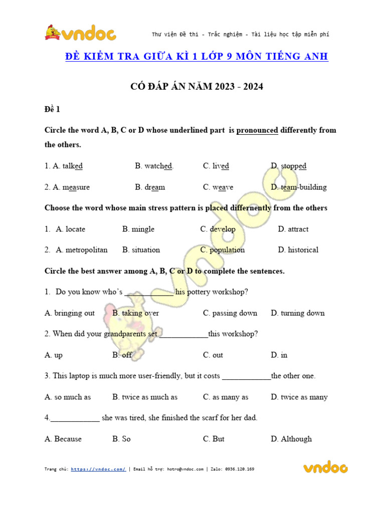 De Thi Giua Ki 1 Lop 9 Mon Tieng Anh | PDF