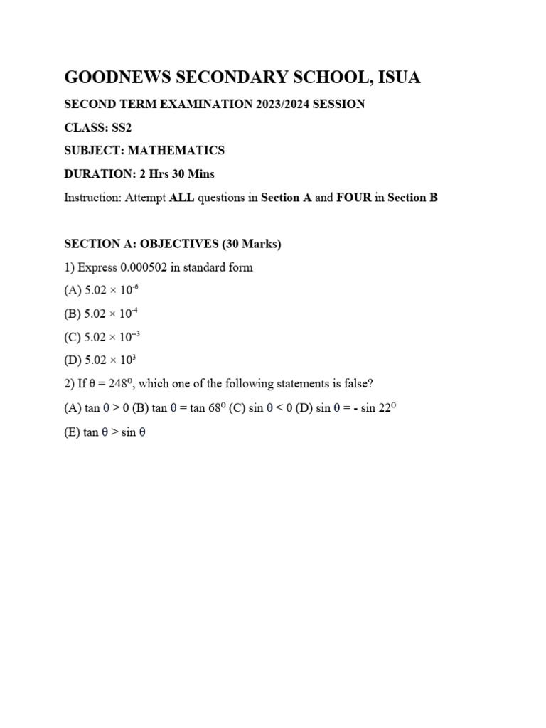 SS2 Maths Exam 2023/2024 | PDF | Numbers | Mathematics