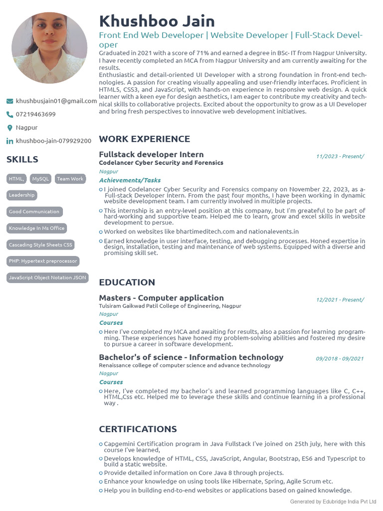 Khushboo Jain: Front-End Developer Profile | PDF | Web Development ...