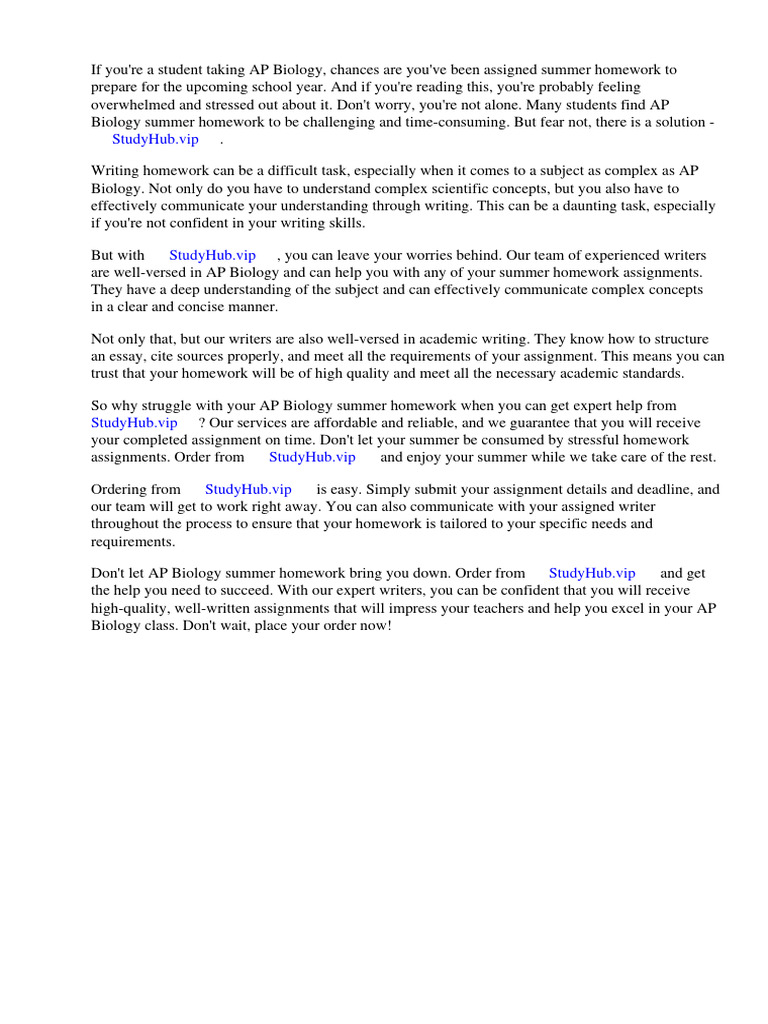 AP Biology Summer Homework 2014 | PDF | Advanced Placement | Science