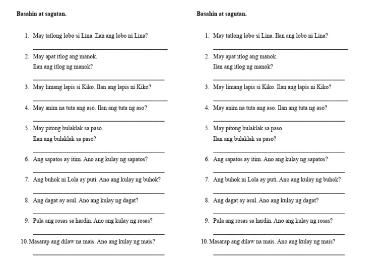 Basahin at sagutan(komprehensyon) 1 | PDF