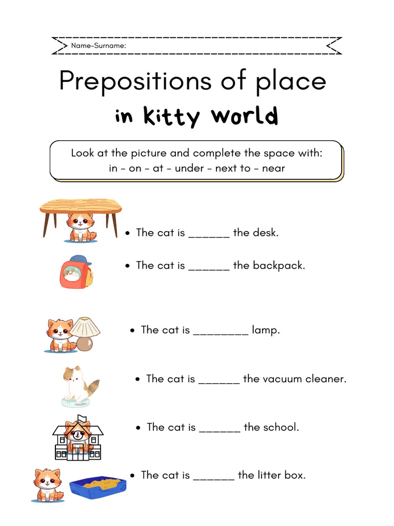 Cat Prepositions Exercise Worksheet | PDF | Home & Garden