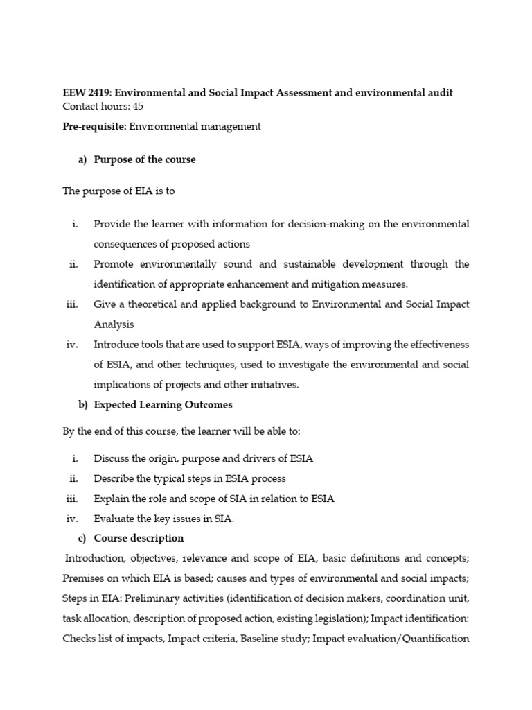 Eaa 2405 Esia-Ea Course Outline | PDF | Environmental Impact Assessment