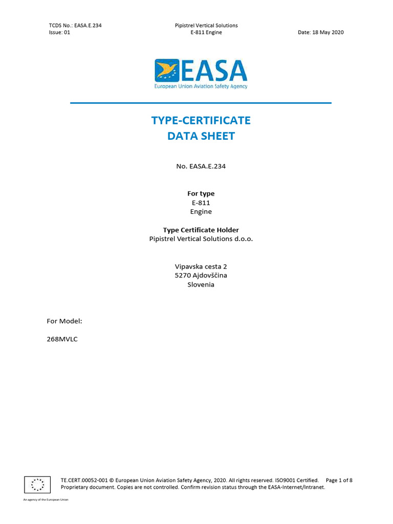 EASA Type Certificate E-811 Engine | PDF | Aviation