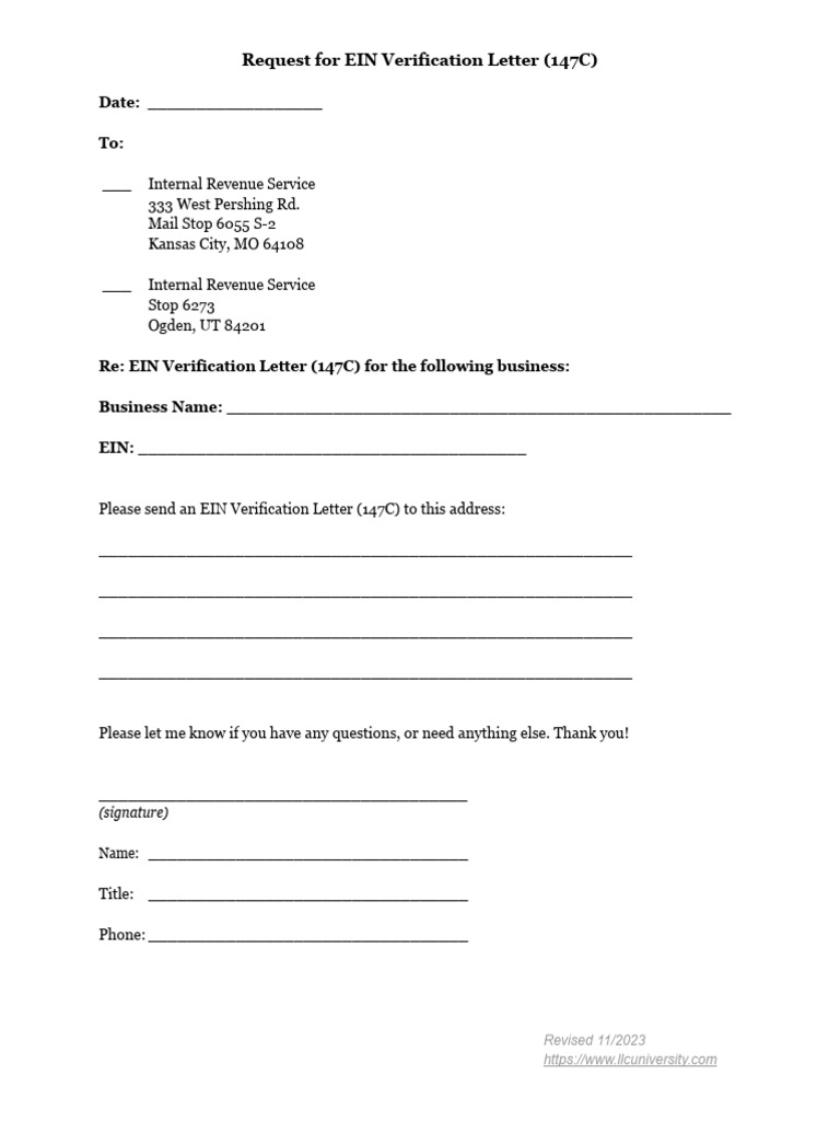 IRS - Request For EIN Verification Letter (147C) | PDF