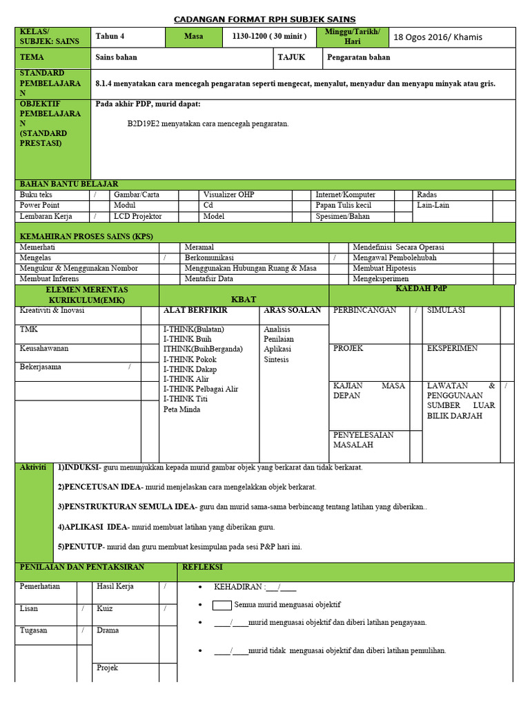 RPH Sains Tahun 4 (30min) | PDF
