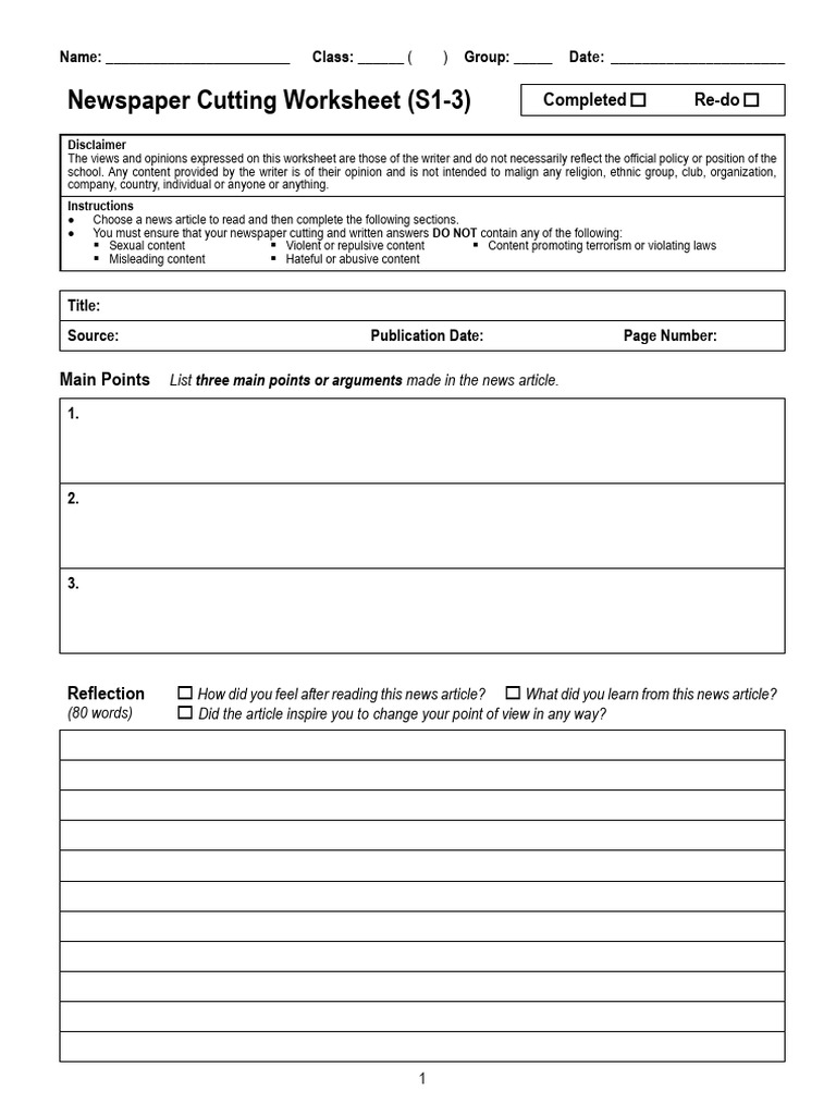 Newspaper Article Analysis Worksheet | PDF | Sports & Recreation | Self ...