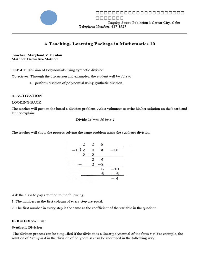 TLP 4.1 Division of Polynomials Using Synthetic Division | PDF ... TLP 4.1 Division of Polynomials Using Synthetic Division | PDF ...