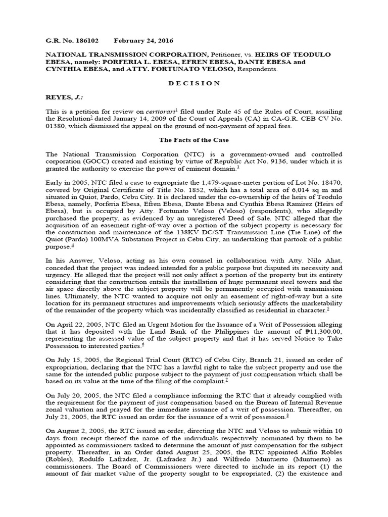 NTC vs. Heirs of Ebesa Expropriation Case | PDF | Eminent Domain | Appeal