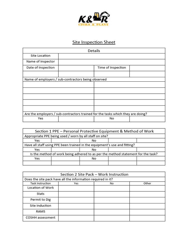 Site Inspection Sheet - 2023 | Download Free PDF | Personal Protective ...