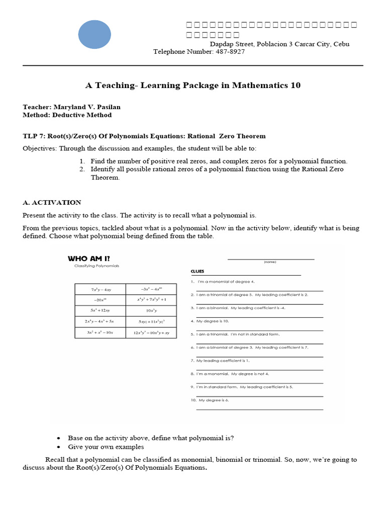 Tlp 7 Roots Or Zero Of Polynomials Equations Rational Zero Theorem Pdf Polynomial