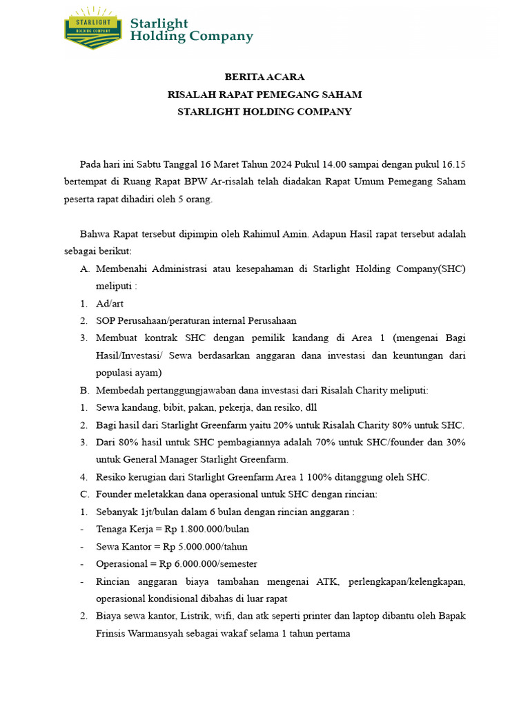 Berita Acara Rups Starlight Holding Company | PDF