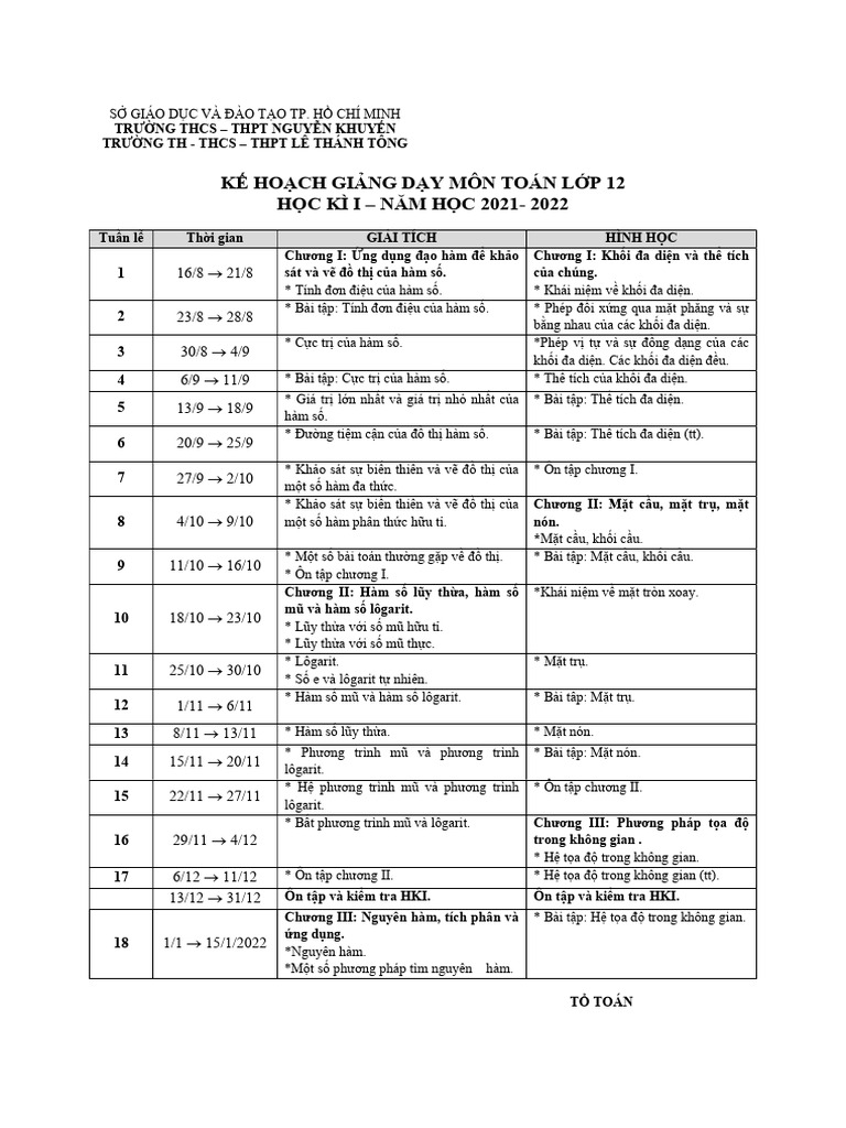 01 KHGD Toan HK1 Lop 12 | PDF