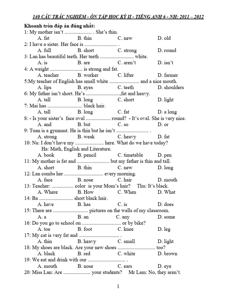140 Cau Trac Nghiem HKII Anh 6 | PDF | Vietnam