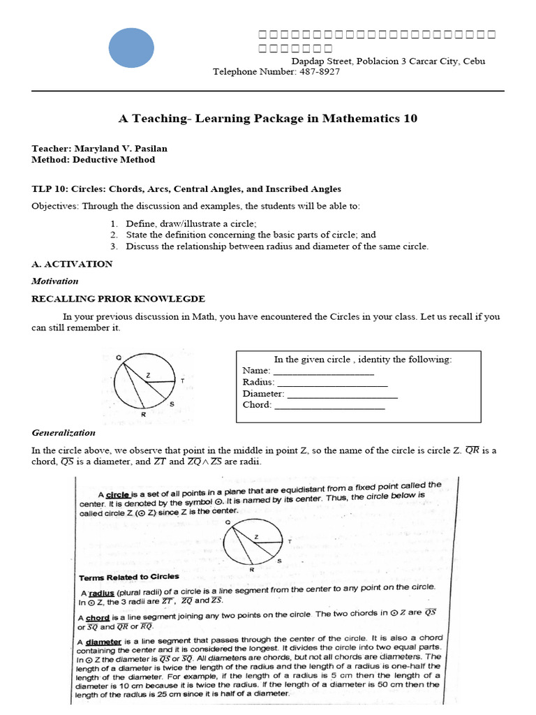 TLP 10 Circles Chords, Arcs, Central Angles, and Inscribed Angles | PDF ...