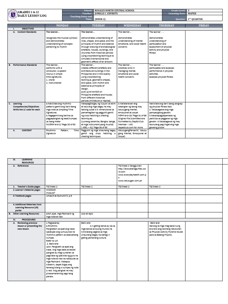 DLL_MAPEH 5_Q1_W2 | PDF | Learning