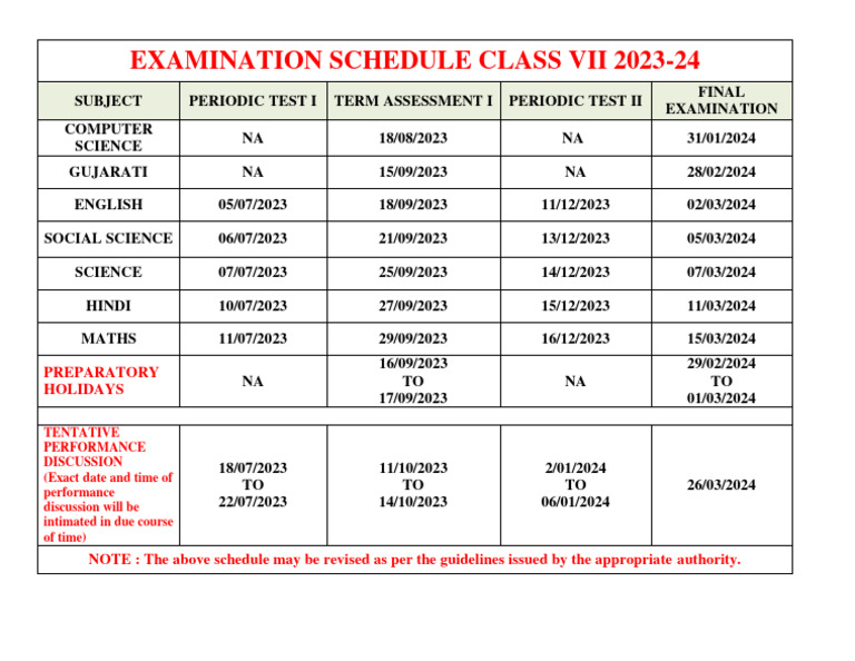 Class VII Examination Schedule 2023-24 | PDF