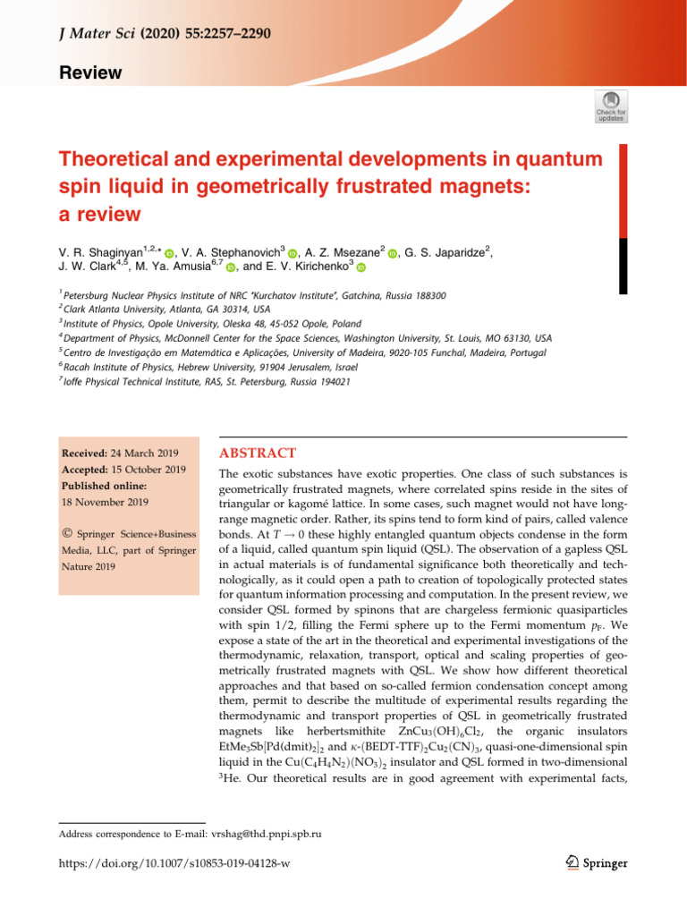 Theoretical and Experimental Developments in Quantum Spin Liquid in Geometrically Frustrated ...
