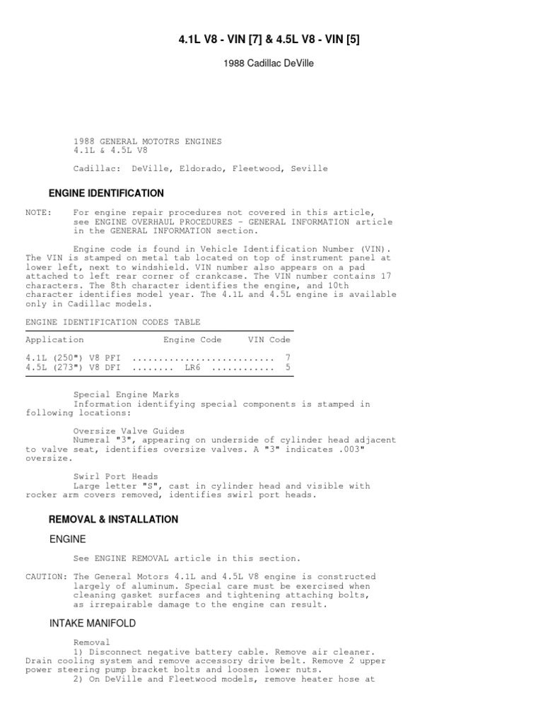 4.1L V8 - Vin (7) & 4.5L V8 - Vin (5) : 1988 Cadillac Deville | PDF ...
