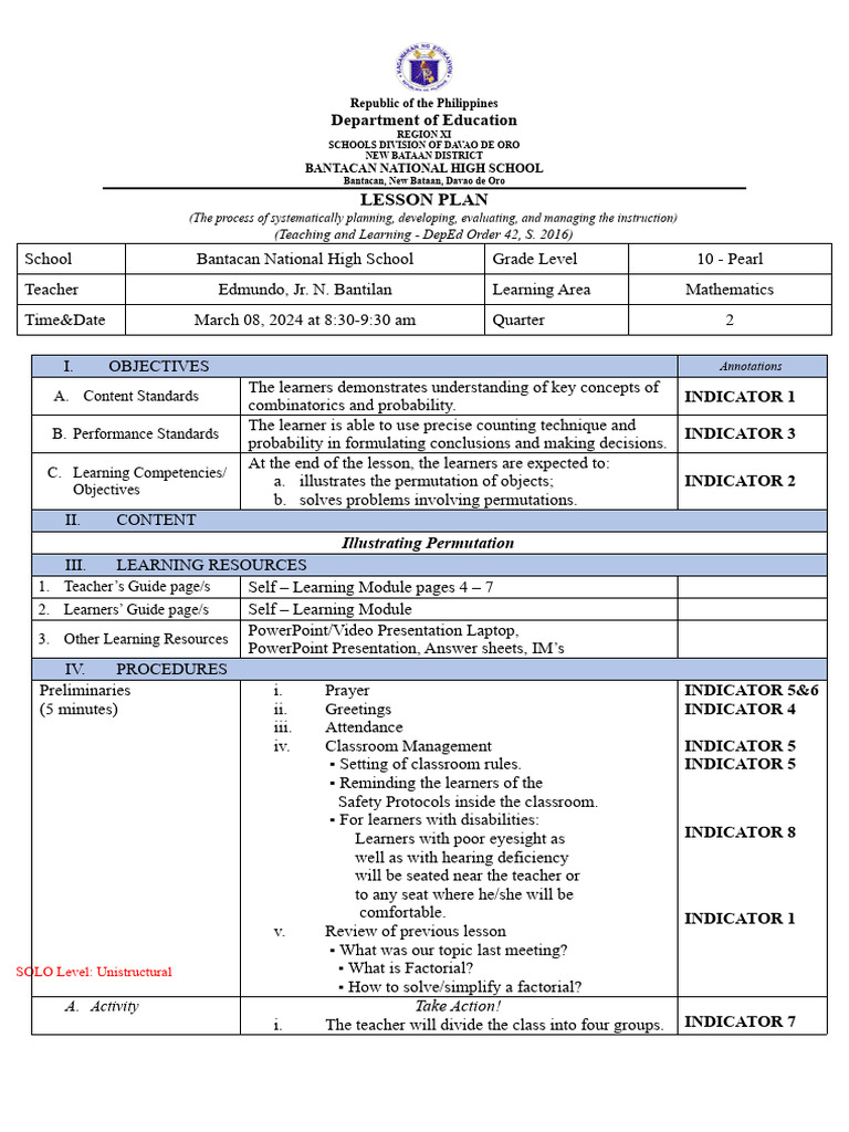 Grade 10 Math Lesson Plan: Permutations | PDF | Learning | Lesson Plan