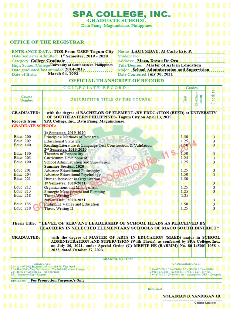 Official Transcript for MAED Degree | PDF | Academic Degree