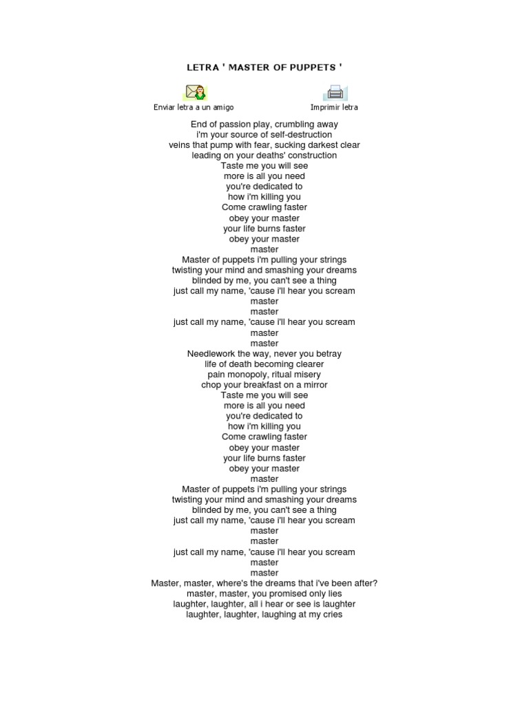 Letra ' Master of Puppets ': Enviar Letra A Un Amigo Imprimir Letra ...