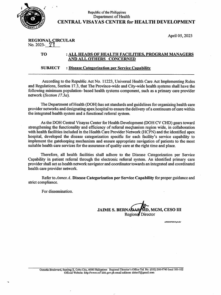 Regional Circular No. 2023 27 Disease Categorization Per Service ...