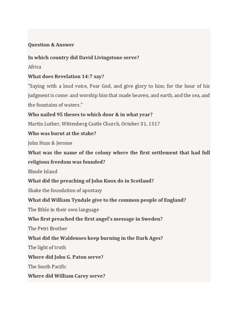Church Heritage Question&Answer | PDF | Seventh Day Adventist Church ...