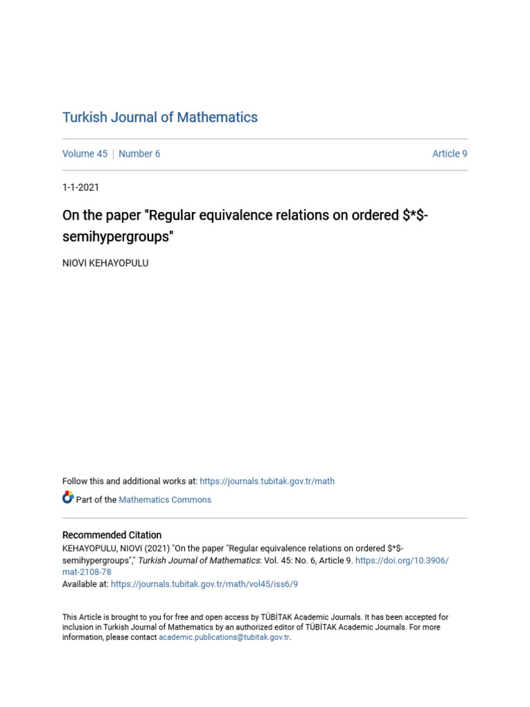 On the paper Regular equivalence relations on ordered $_$-semihy (1) | PDF | Mathematical ...