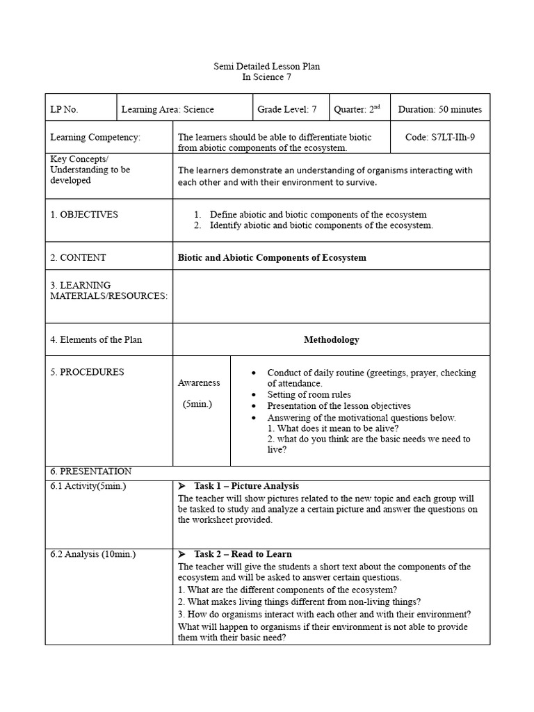 Grade 7 Semi Detailed Lesson Plan | PDF | Ecosystem | Learning