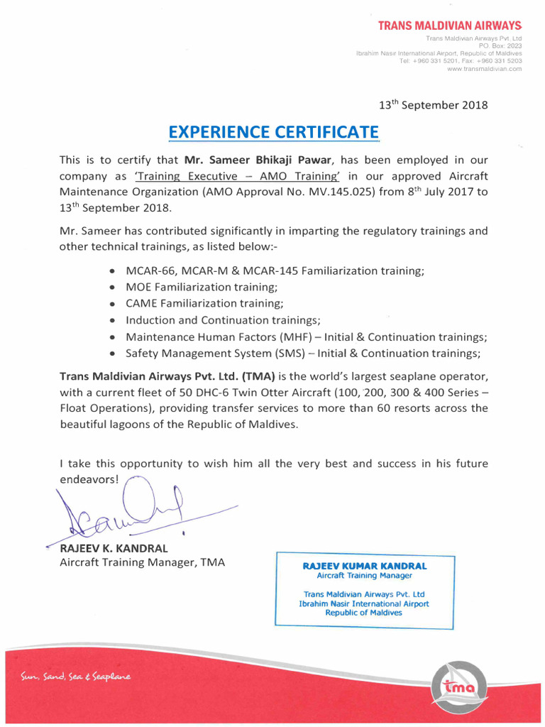 Experience Certificate - Maldives | PDF