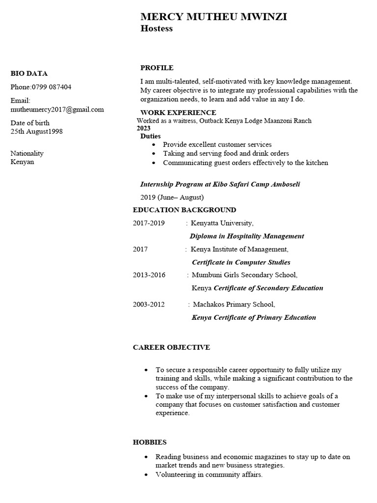 Mutheu Kenyan Resume 2024 | PDF | Kenya | Business