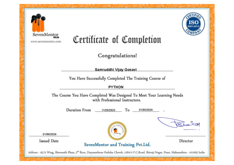 SevenMentor PVT LTD - Certificate | PDF