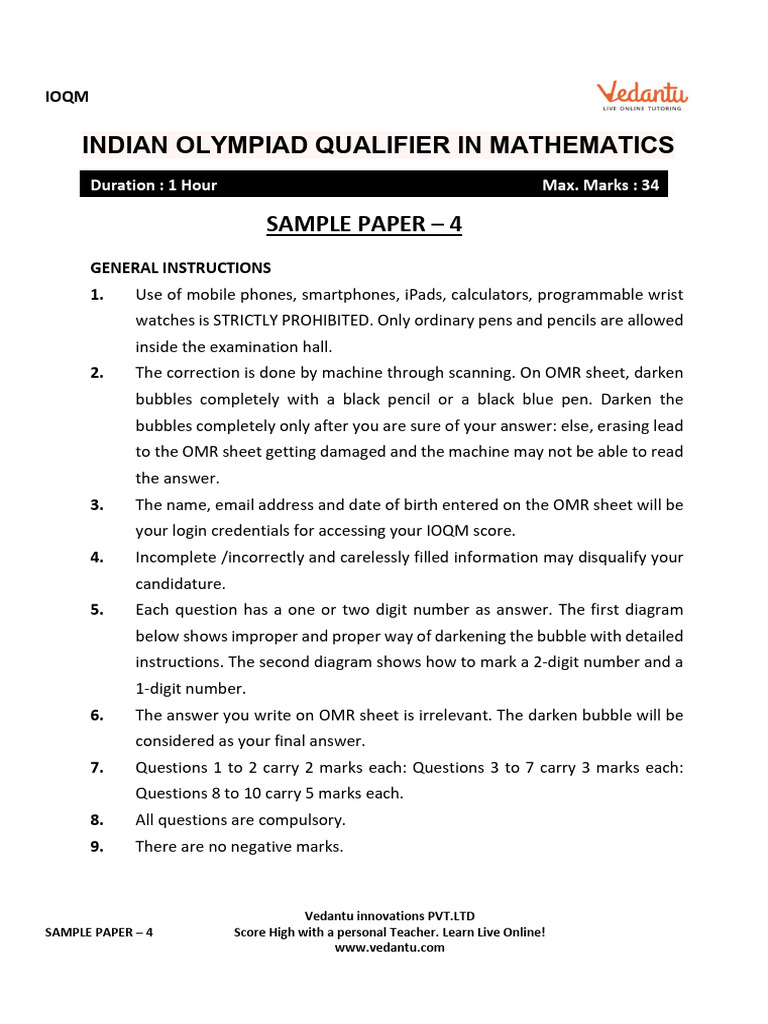 IOQM Sample Paper 4 for Mathematics | PDF | Mathematics | Elementary ...