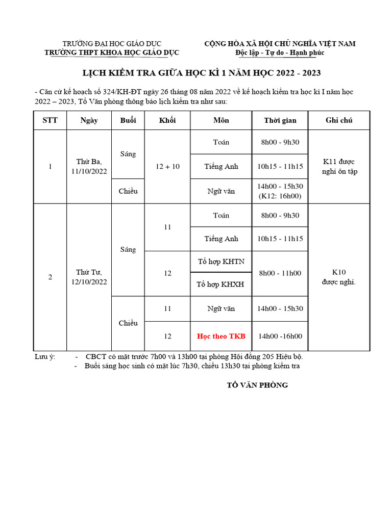 3.. Lịch kiểm tra giữa HKI | PDF