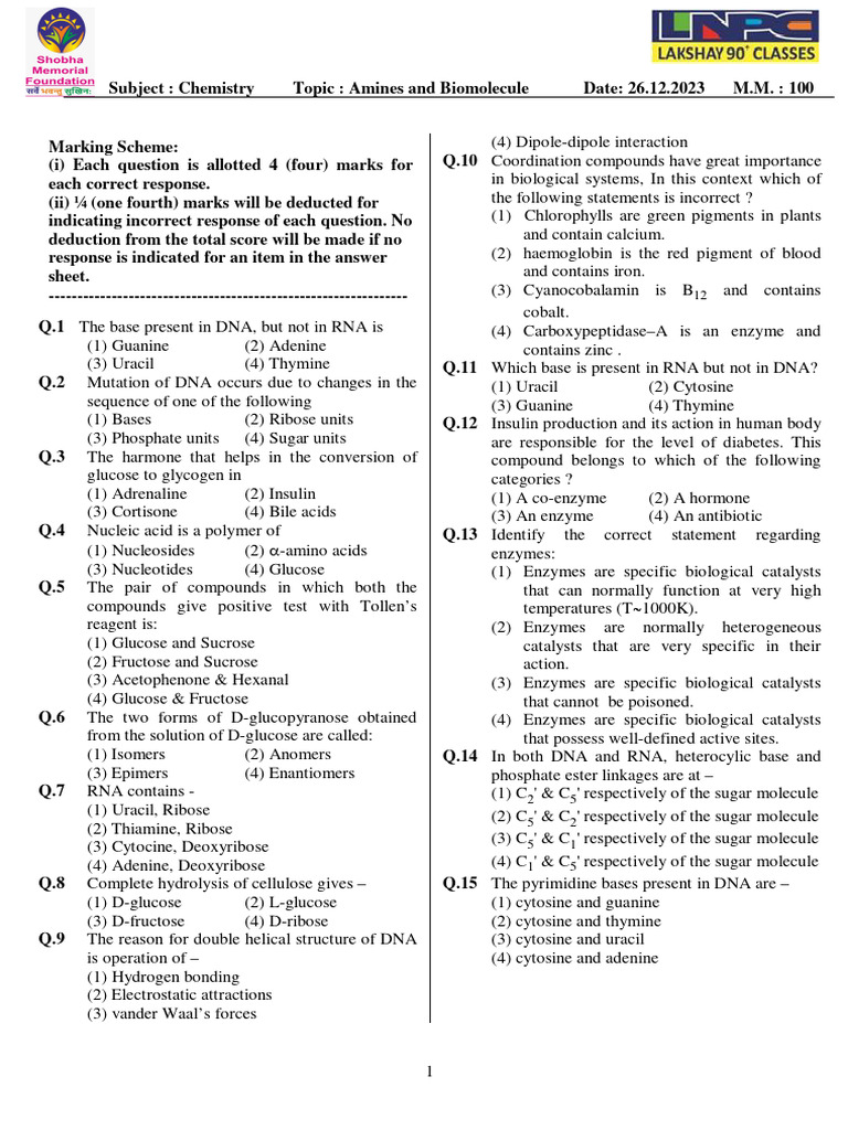 26.12.2023 - Biomolecule - Pdf. JEE | PDF | Carbohydrates | Nucleic Acids